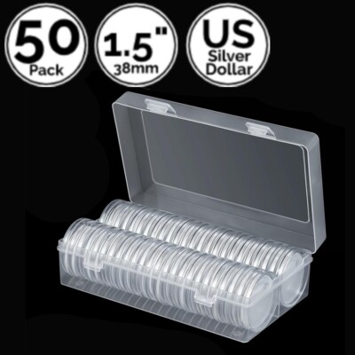 50 Pack 1.5 IN 38 mm Round Coin Capsule Holders w/ Case 4 US Silver ...