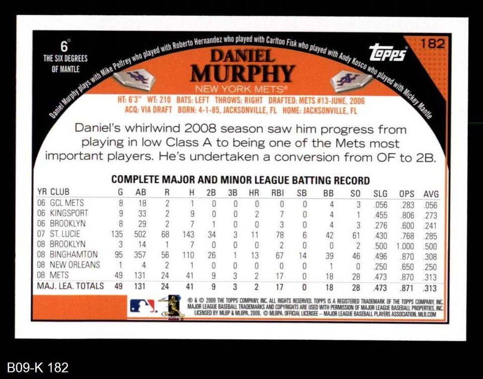 2009 Topps #182 Daniel Murphy Mets RC 8 - NM/MT | eBay