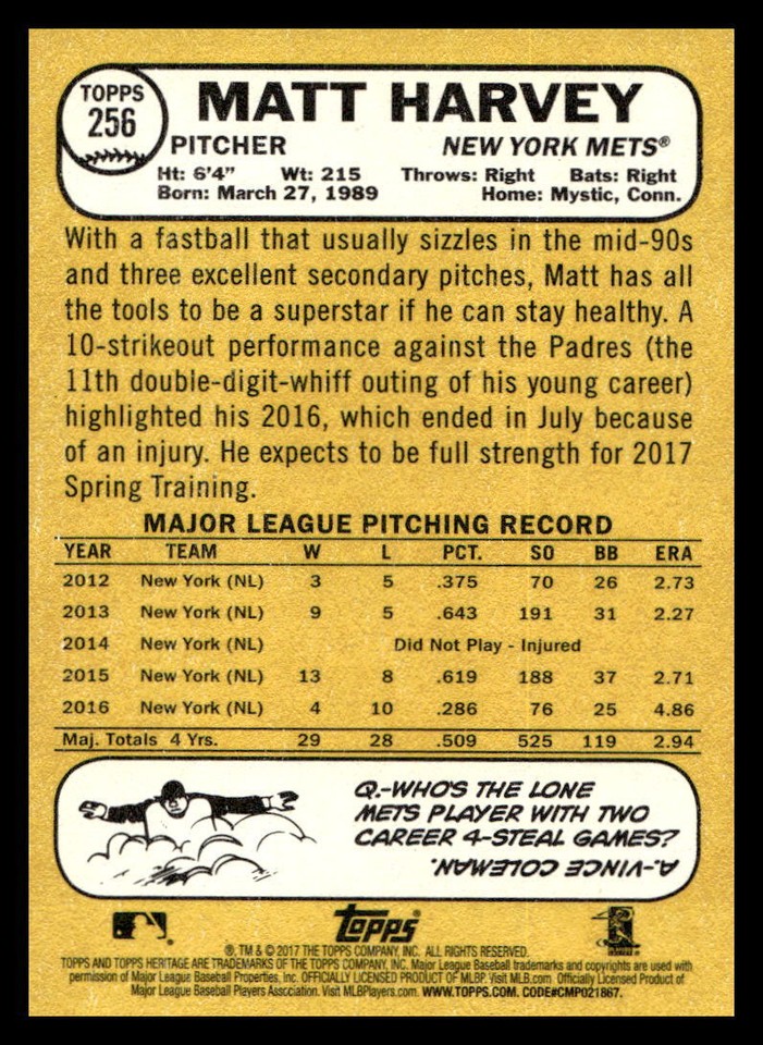2017 Topps Heritage #256 Matt Harvey New York Mets | eBay