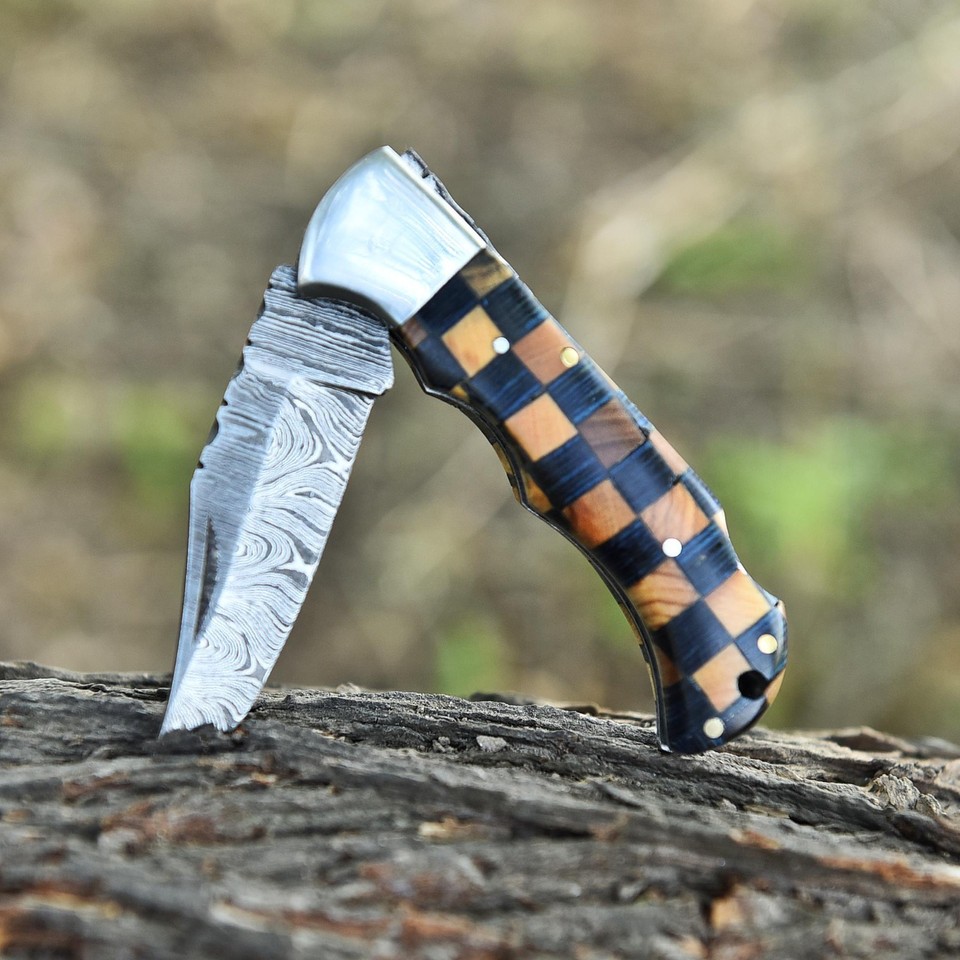 Damascus Hand Forged Folding Blade Pocket Knife Hiking Outing Tool With ...