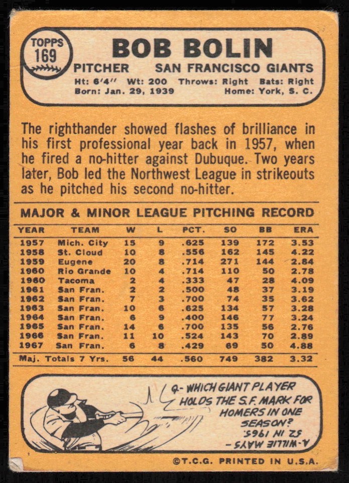 1968 Topps #169 Bob Bolin (POOR CONDITION) - FREE SHIPPING | eBay