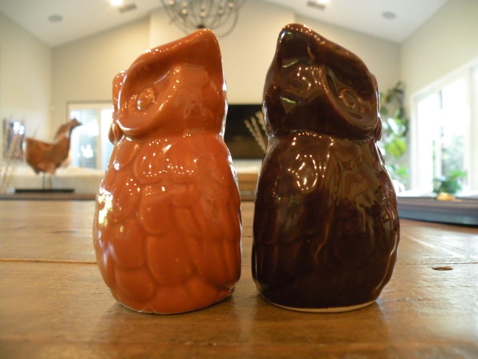 Ceramic Owl Salt and Pepper Shakers 3" Tall Brown and Rust with ...