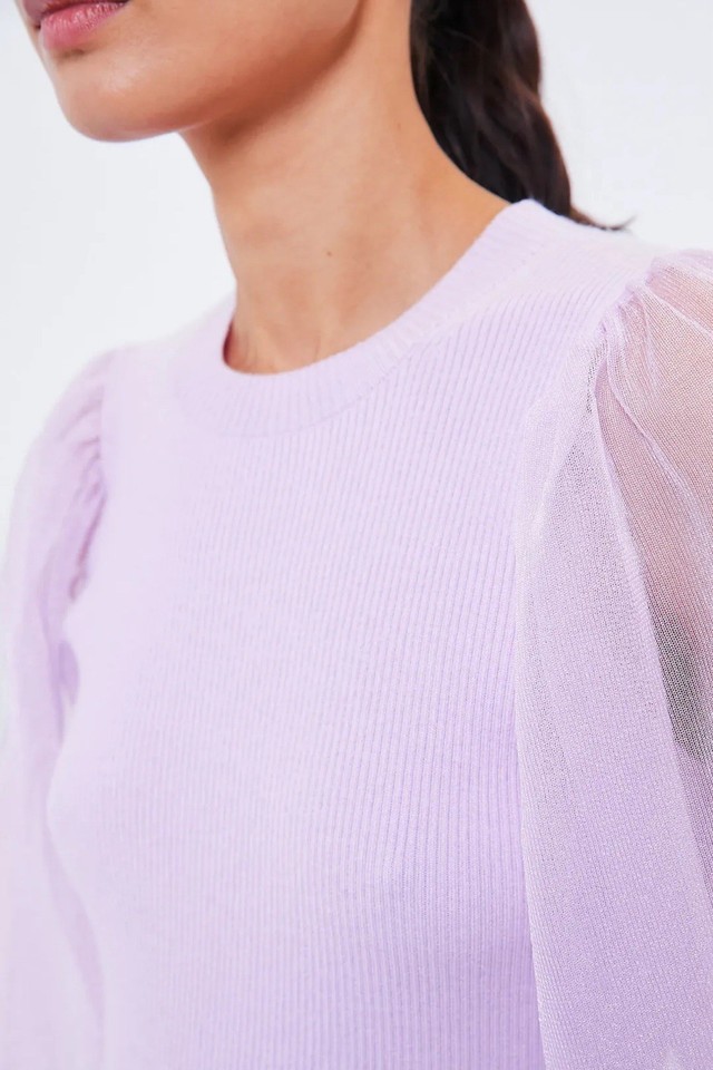 Tuckernuck Lilac Knit Betsy Blouse Size S NWT Sheer Puff Sleeve Stretchy Ribbed | eBay