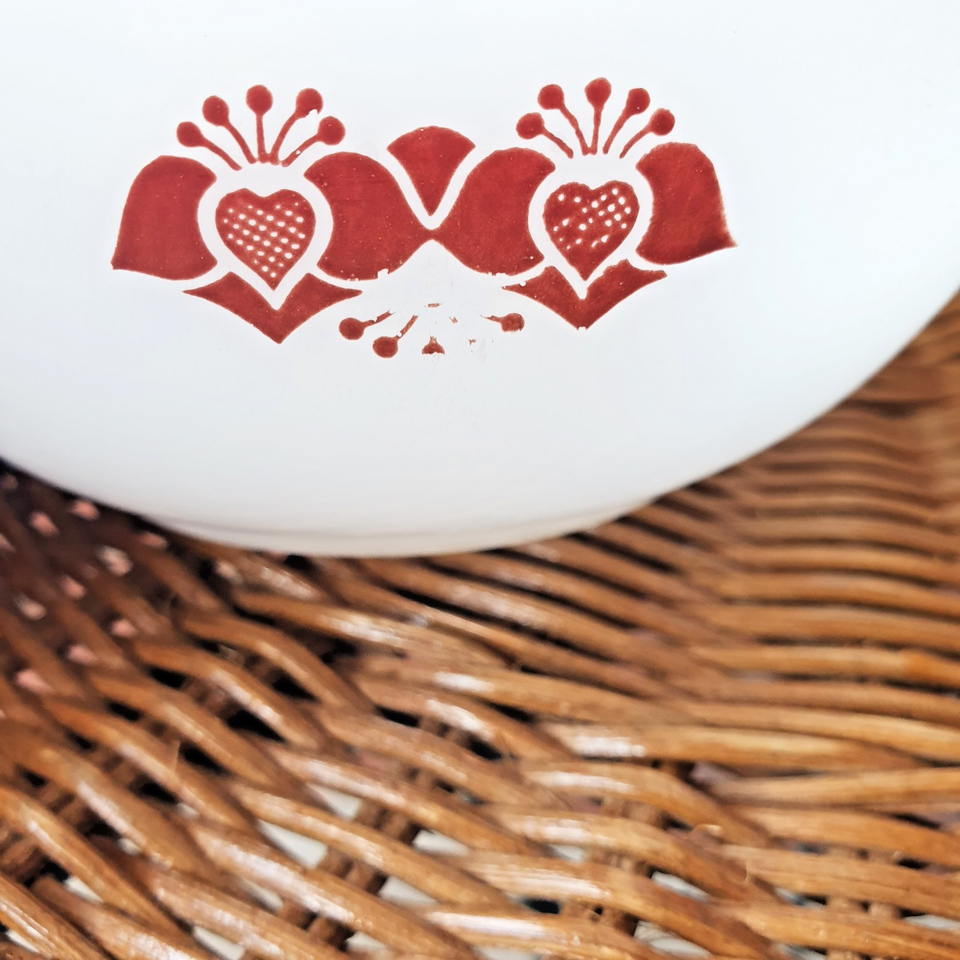 Pyrex Ovenware Folk Art Heart Pattern Pudding Bowl Ramekins Square Milk ...