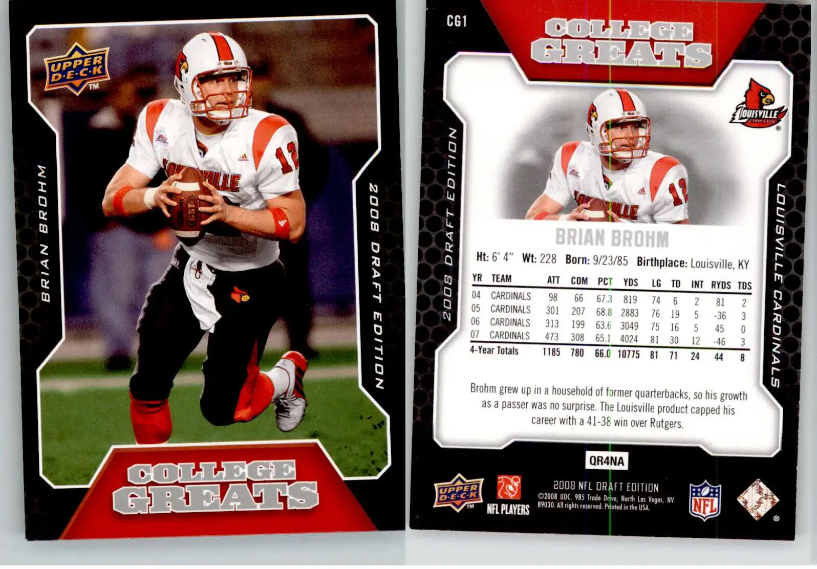 Brian Brohm 2008 Upper Deck Draft Edition College Greats CG1 Louisville ...