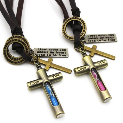 ''Love you'' Hourglass Cross Pendant Leather Necklace Men Women ...