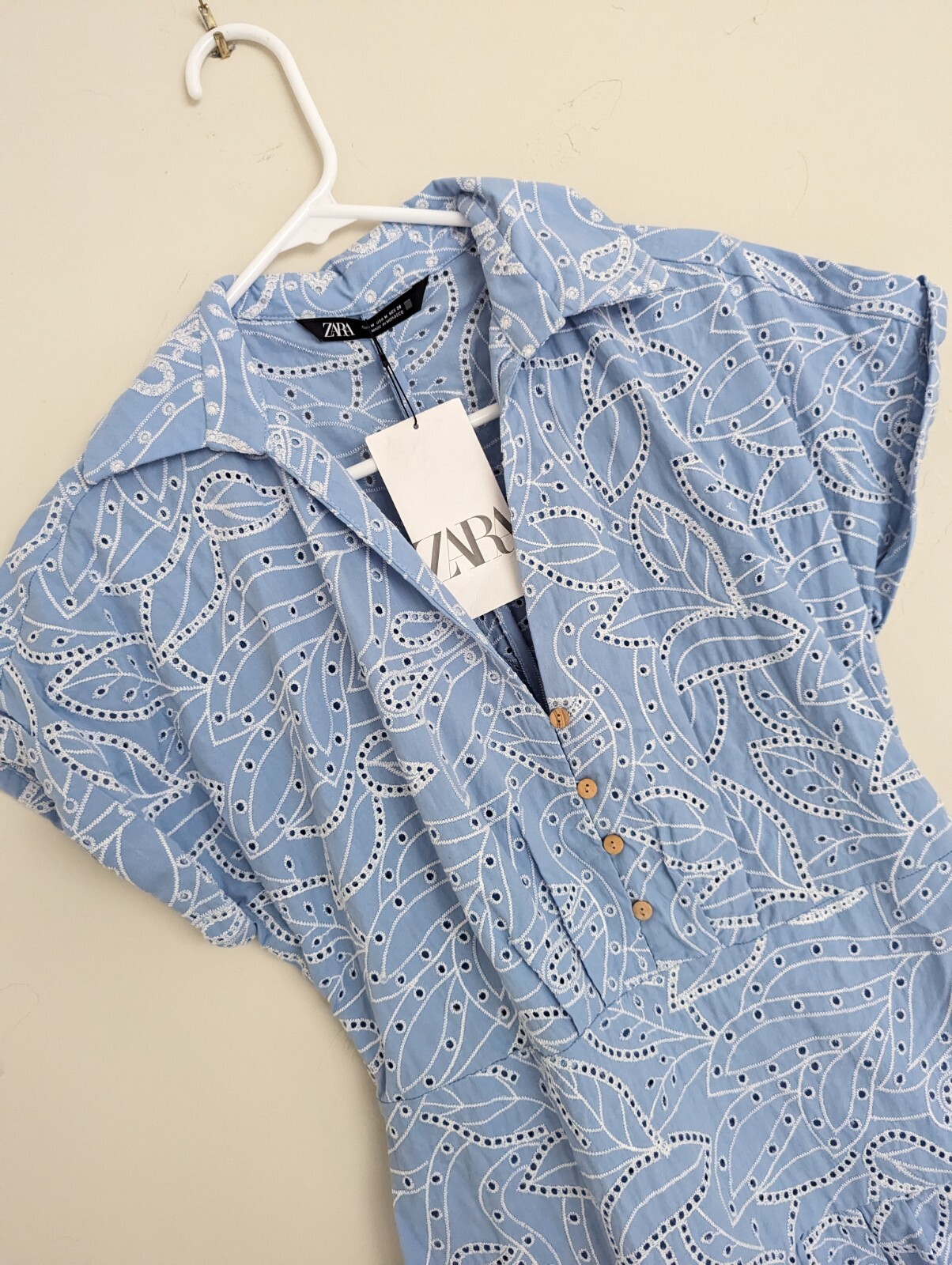 ZARA EMBROIDERED EYELET SHIRT DRESS CUTWORK EMBROIDERY BLUE WHITE XS S ...
