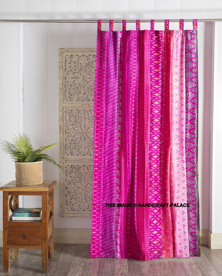 2 Pcs Indian Vintage Sari Patchwork Curtain Drape Window Decor Silk ...