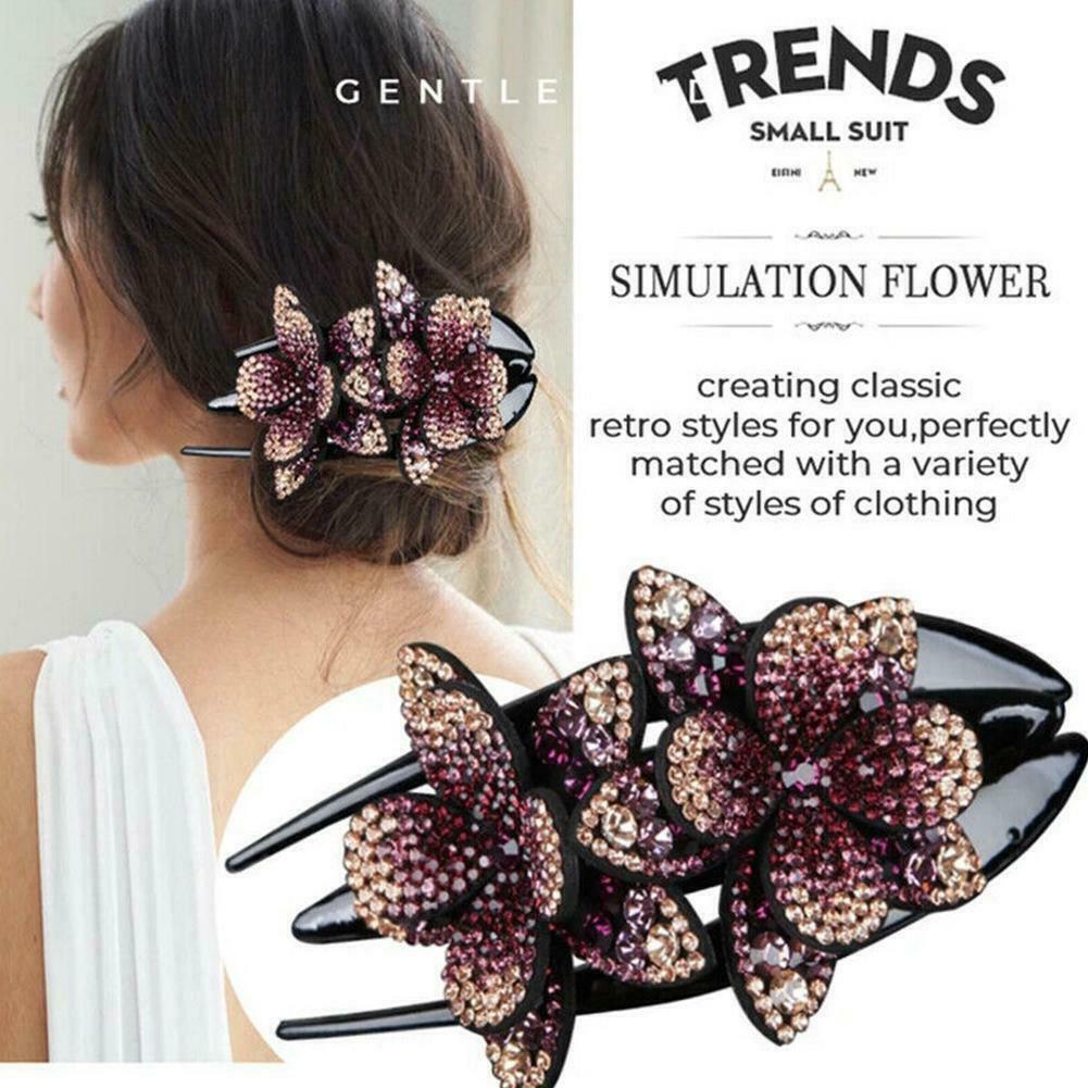 Rhinestone Double Flower Hair Clips Flexible Women's Clips Dovetail ...