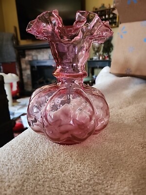Vase Cranberry Glass Pink Ruffled Rim Fenton Melon Vase Stunning! | eBay