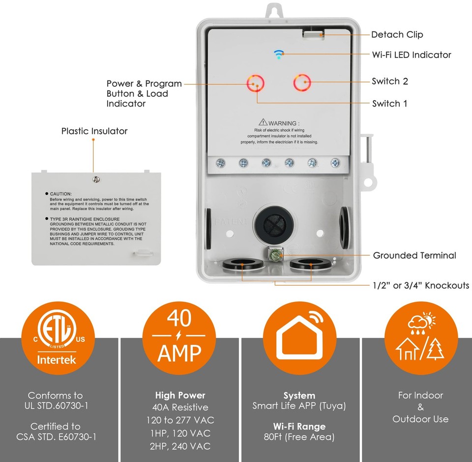 Suraielec Dual WiFi Pool Timer, 120/277V Individual Switches, 40 AMP ...