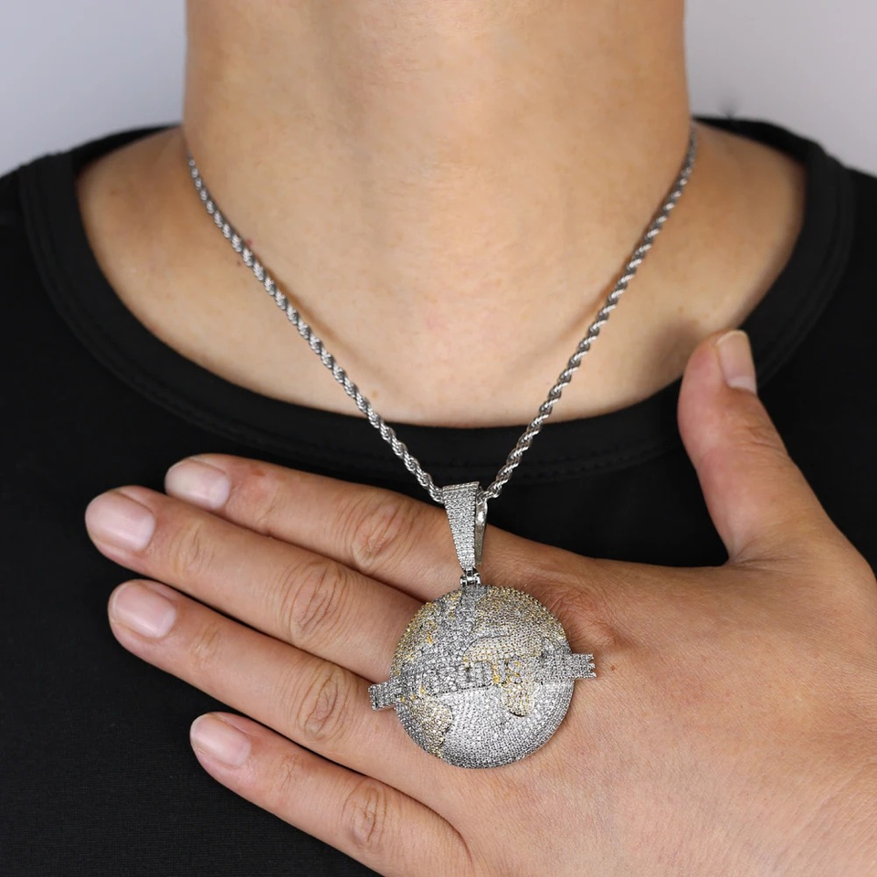 5AAA+ CZ Ice Out Hop Hip The World Is Mine Pendant Chain 14k Real Gold ...