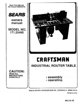Craftsman Router 171.25490 Table Assembly & Operating Instruction ...