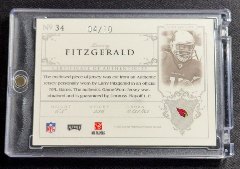 2007 NATIONAL TREASURES LARRY FITZGERALD GAME USED REEBOK PATCH #/10 ...