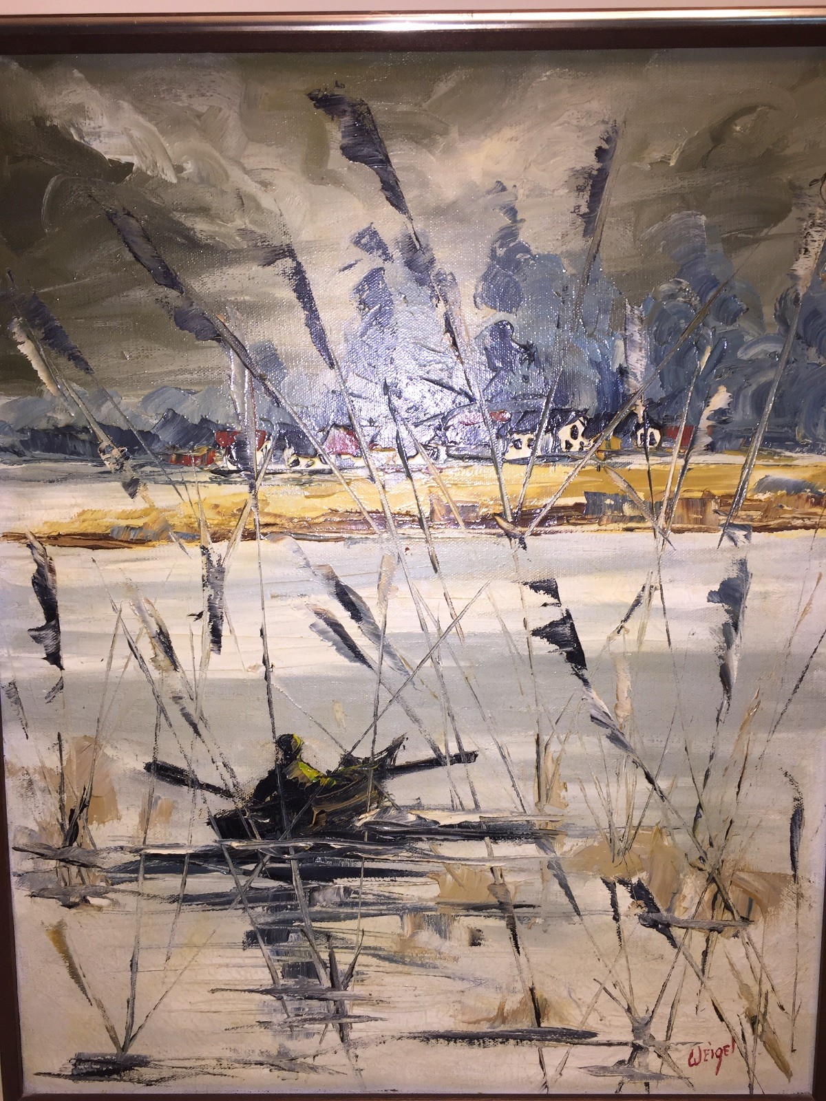 D.E. WEIGEL~IMPRESSIONIST ARTIST~1971 OIL PAINTING~SHORELINE SCENE W ...