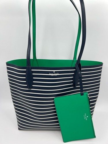 KATE SPADE Arch Surprise Stripe Lg Reversible Leather Navy & Green ...