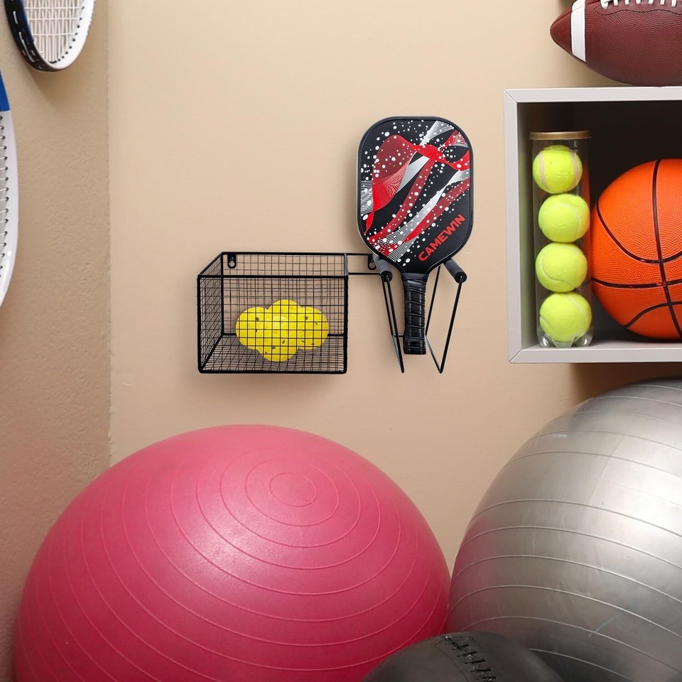 Wall Mounted Black Metal Pickleball Paddle Rack and Storage, Equipment ...