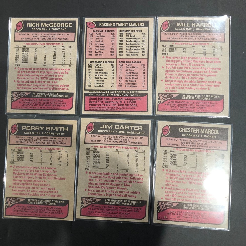 1977 Topps Green Bay Packers Complete Team Set - 18 Cards | eBay