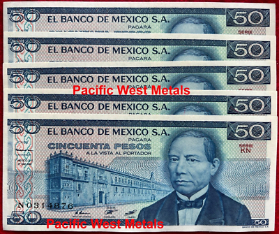 Lot of 5 Mexico Banknote 50 Pesos UNC Paper Money Mexican Bills BDM ...
