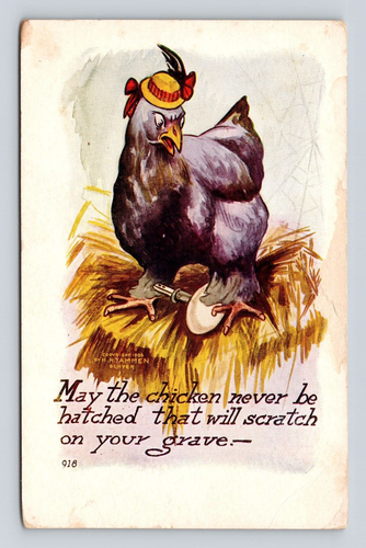 Antique Postcard Anamorphic Chicken Hat Bever Born Scratch Grave H H ...