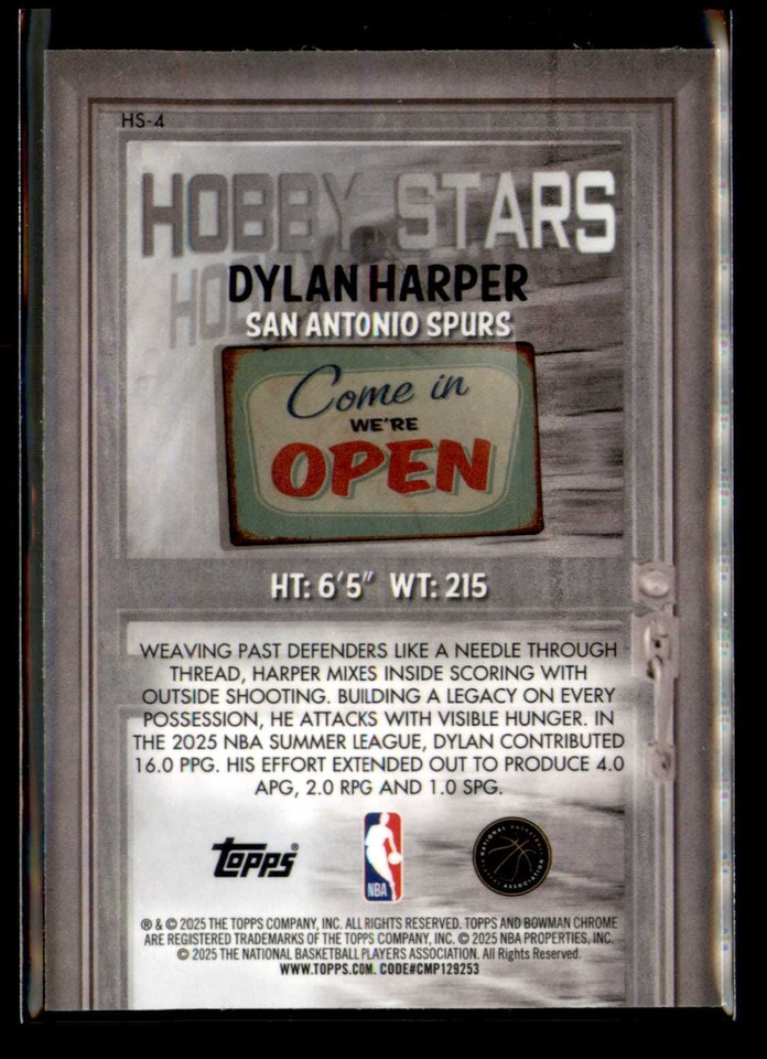 Dylan Harper RC 2025-26 Bowman Chrome Hobby Stars #HS-4 San Antonio ...