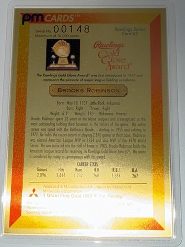 1992 PM Precious Metal Cards Rawlings Series Card #148 HOF Brooks ...
