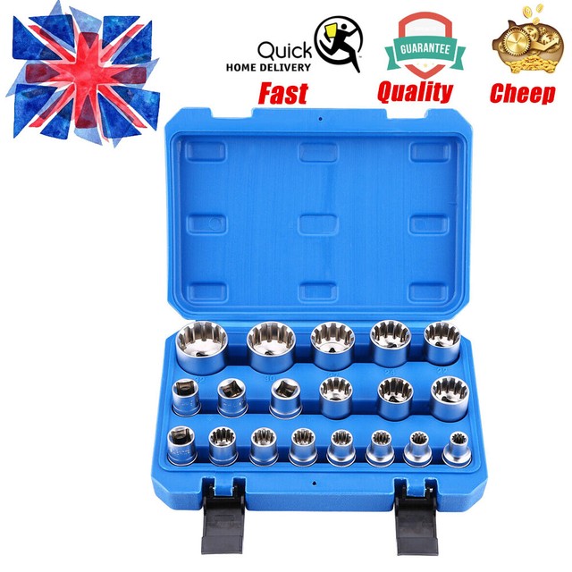 19pcs 1/2" Drive 12 Point Hex Torx Star Splined Bit Socket Set E10-e40 ...