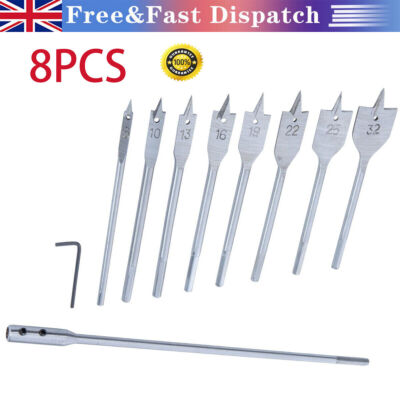 8Pcs Flat Spade Wood Hole Saw Drill Bits With Long 300MM Extension Bit ...
