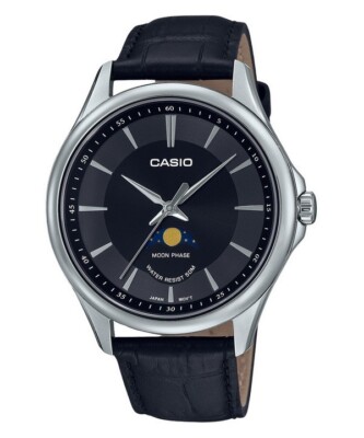 Casio MTP-M100L-1A Black Analog Moon Phase Black Leather Men's Casual ...