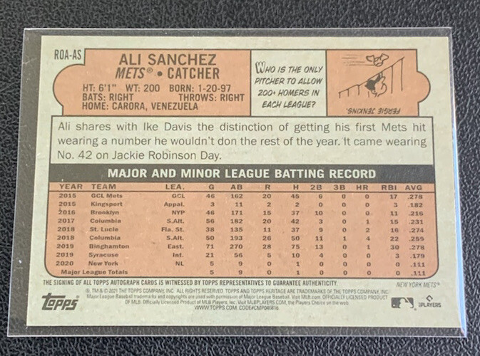 2021 Topps Heritage High Number Real One Ali Sanchez #ROA-AS Rookie ...