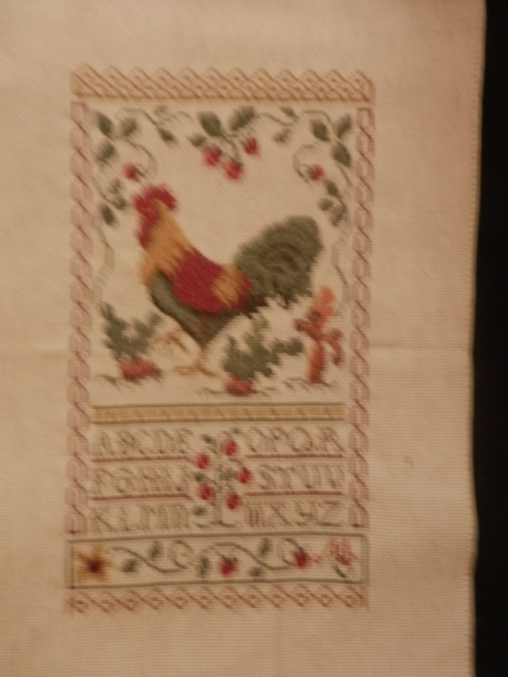 Completed Cross Stitch Sampler - 'Chicken/Rooster' 17"x11.5" Beautiful ...