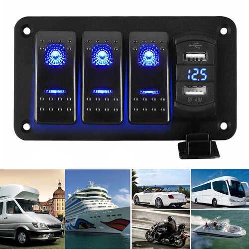 3Gang Dual USB Switch Panel Car Marine Boat Waterproof LED Power Socket ...