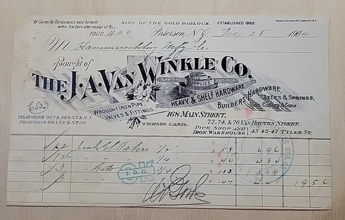 1904 Antique Document, The J. A. Van Winkle Co Paterson, N.J. Signed ...