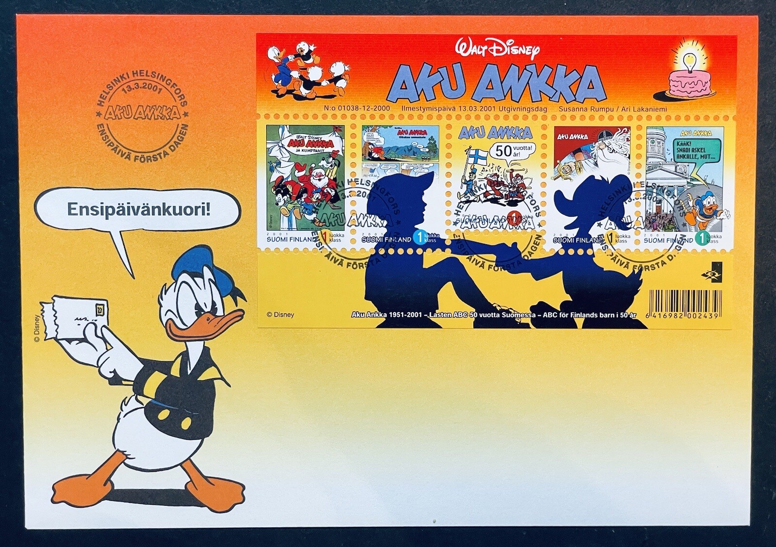 FINLAND DONALD DUCK 50TH BIRTHDAY DISNEY STAMPS FDC 2001 MNH ANIMATED ...