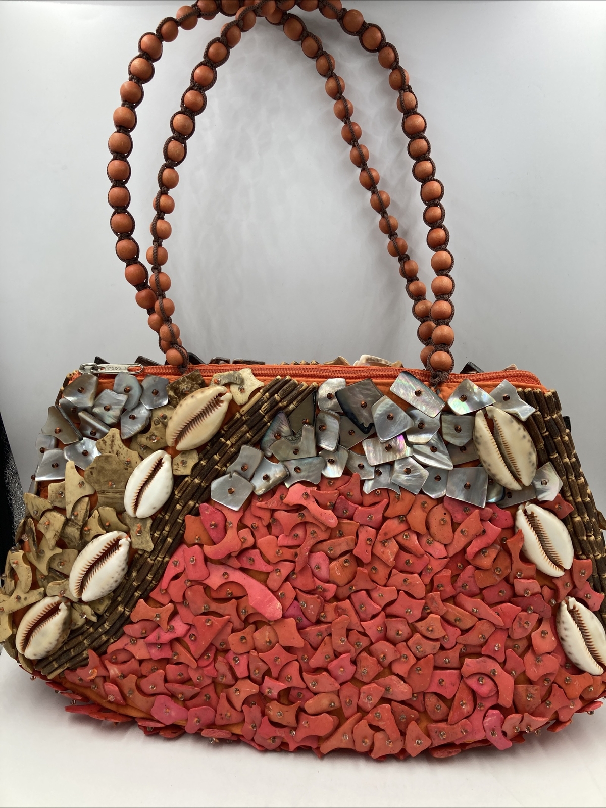 Vintage SEASHELL & Abalone Shell Purse Orange Afterno… - Gem