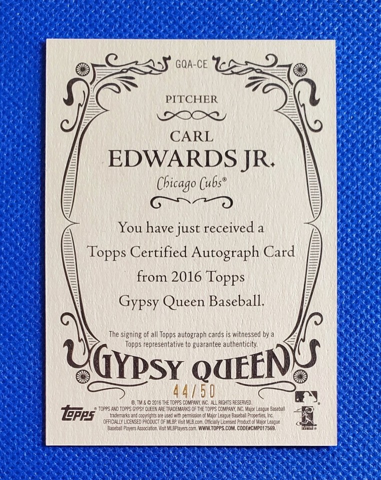 44/50 Carl Edwards Jr 2016 Topps Gypsy Queen Auto Gold #GQA-CE Cubs ...