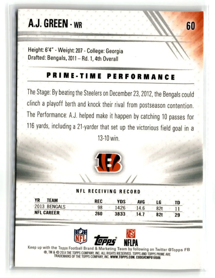 A.J. Green Cincinnati Bengals 2014 Topps Prime Celebrating with ...
