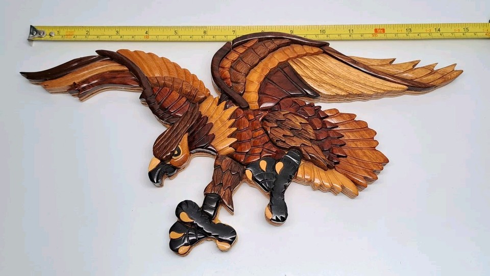 Hand Crafted Intarsia Flying Landing Eagle 3D Wood Art Wall Hanging ...