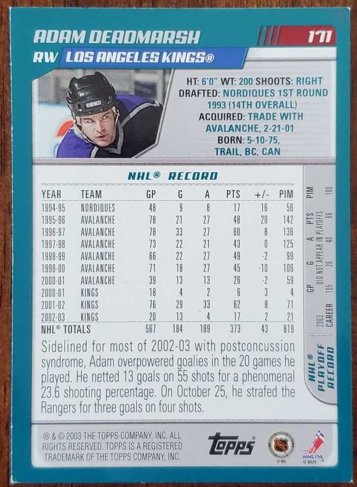 2003-04 TOPPS ADAM DEADMARSH LOS ANGELES KINGS CARD #171 NM/MT | eBay