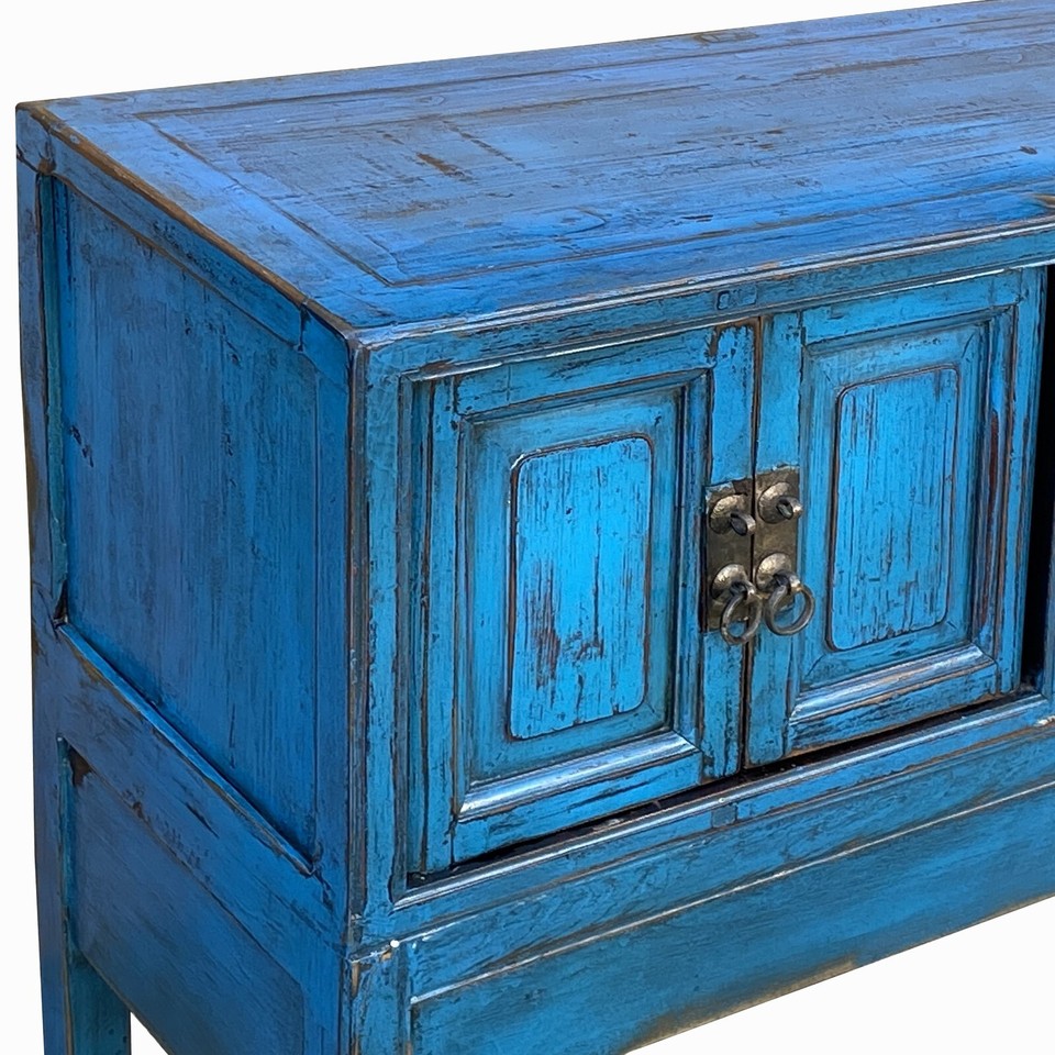Vintage Chinese Distressed Bright Blue Drawers Foyer Narrow Side Table ...