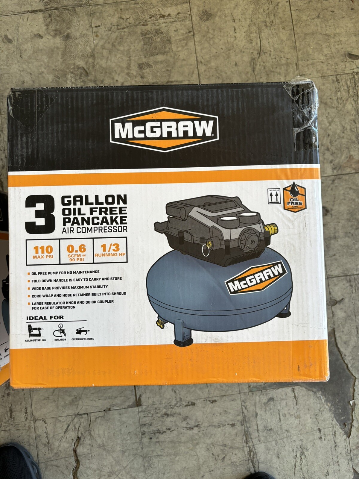McGraw 3 Gallon 110 PSI Oil-Free Portable Pancake Air Compressor 1/3 HP ...