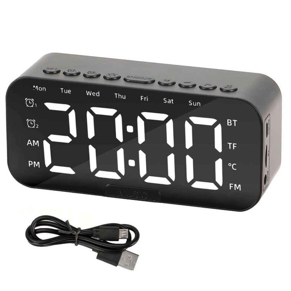 Digital Alarm Clock FM Radio Mirror LED w/Wireless Speaker USB ...