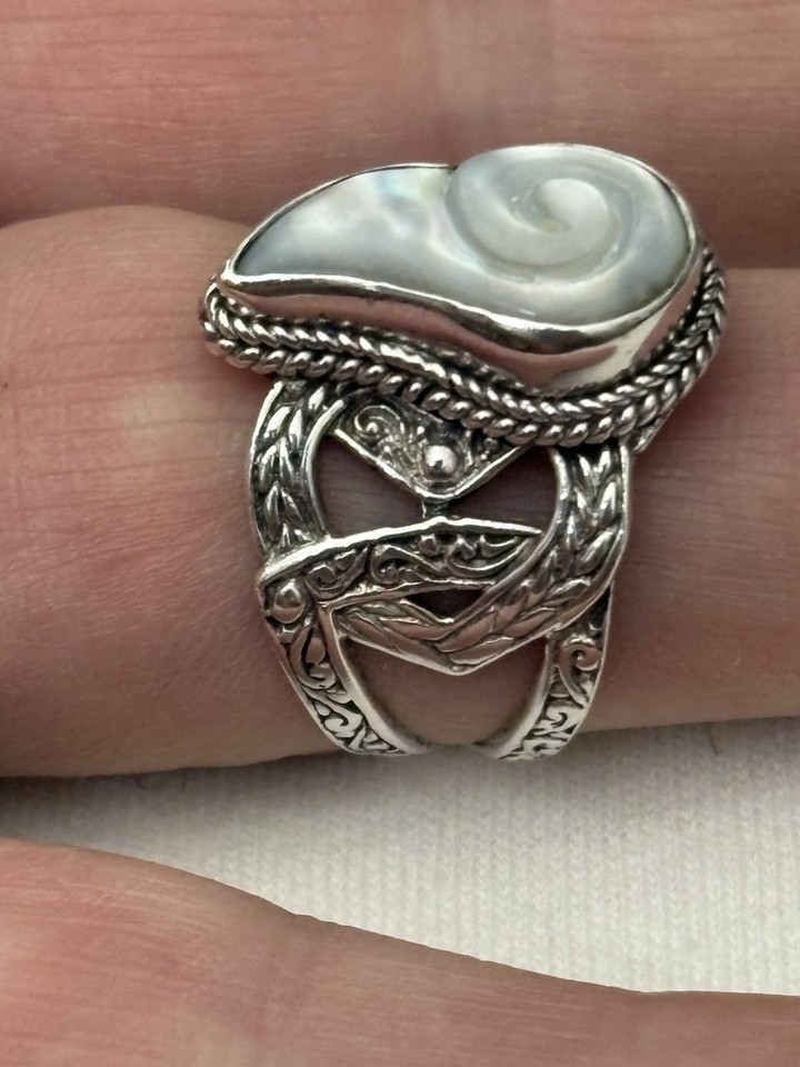 Vtg Designer Signed SARDA 925 Sterling silver floral spiral MOP ring ...