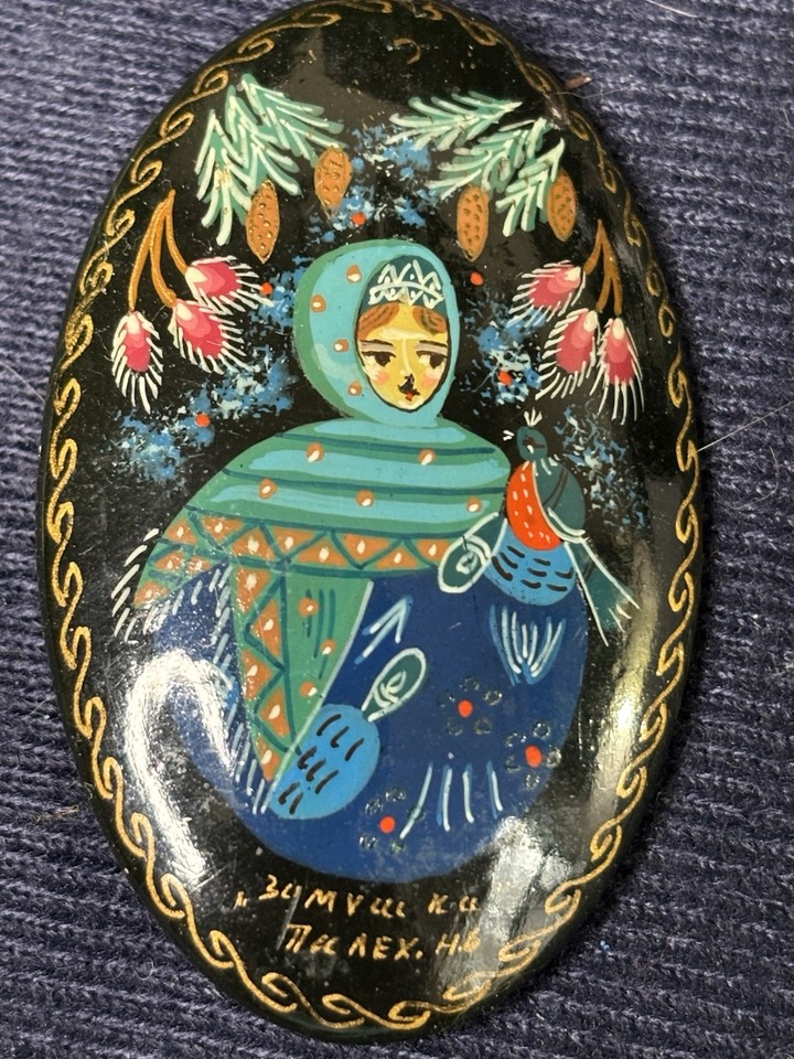 Signed Vintage Handmade Russian Painted Wood Brooch With Lady Holding ...