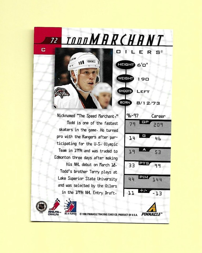97-98 Pinnacle Be A Player AUTO Card # 72 TODD MARCHANT EDMONTON OILERS ...