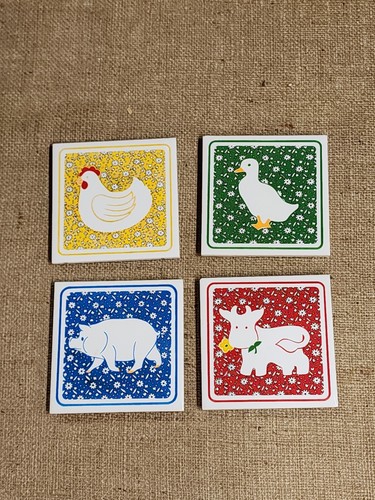 Vintage Farm Style Ceramic Tile Coasters - Set Of 4 With Farm Animals ...