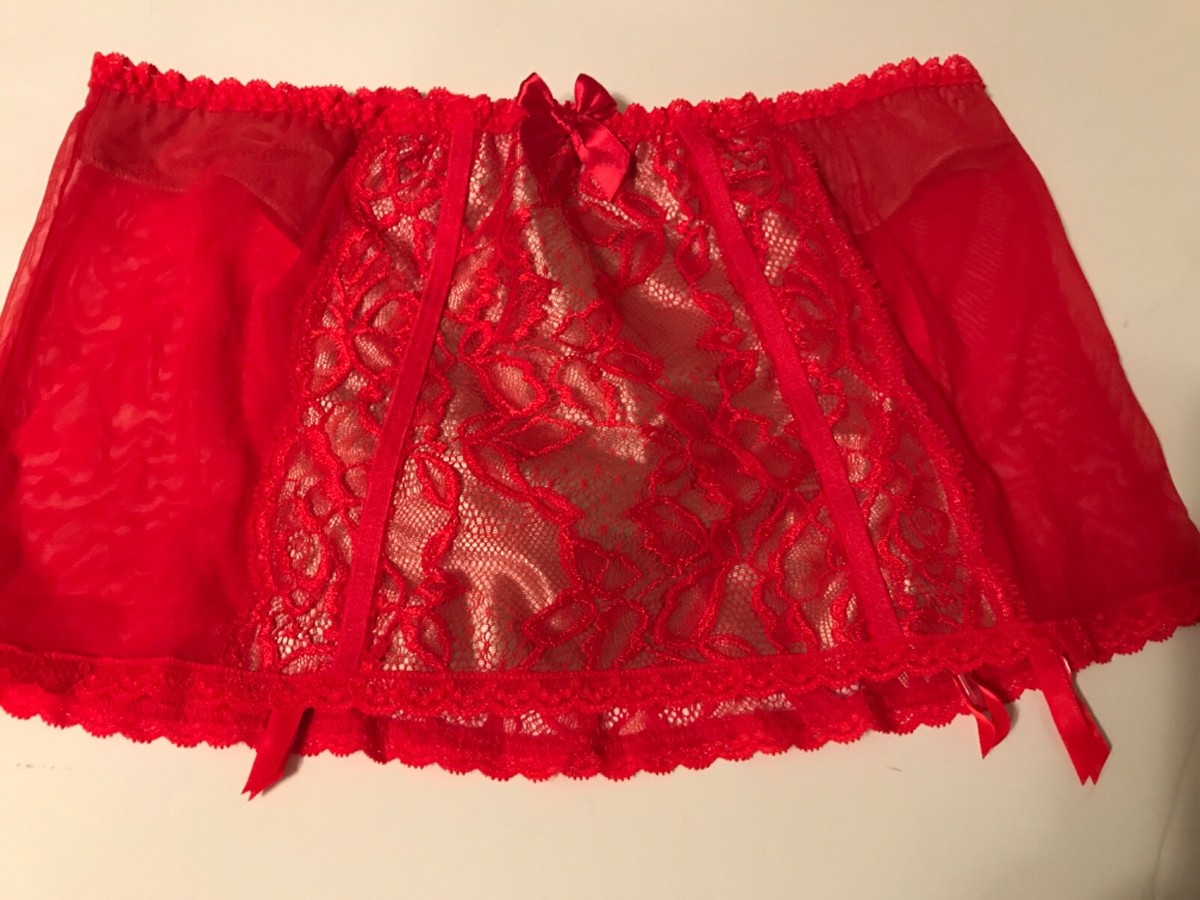 Victorias Secret Very Sexy Red Garter Skirt Lace Gold Inset NWT Small