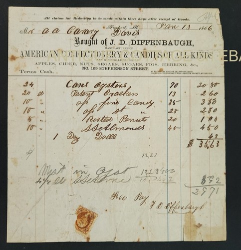 1866 antique JD DIFFENAUGH freeport il BILLHEAD confectionery candy REV ...