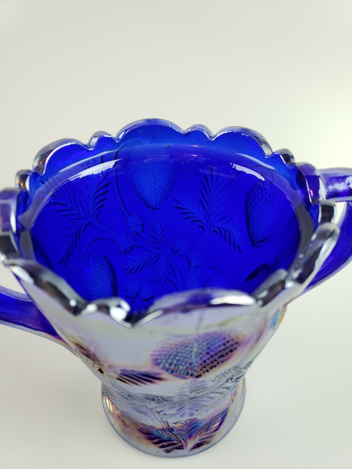 Vintage Carnival Glass Iridized Blue Inverted Strawberry Candy dish Two ...