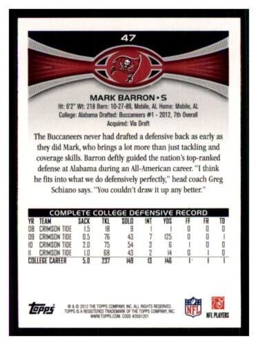 2012 Topps #47 MARK BARRON RC Tampa Bay Buccaneers Rookie | eBay